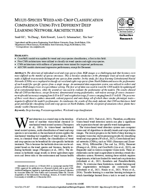 Pdf Multi Species Weed And Crop Classification Comparison Using Five Different Deep Learning