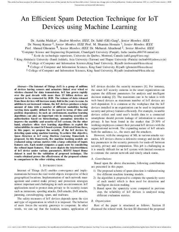 (PDF) An Efficient Spam Detection Technique for IoT Devices Using Machine Learning