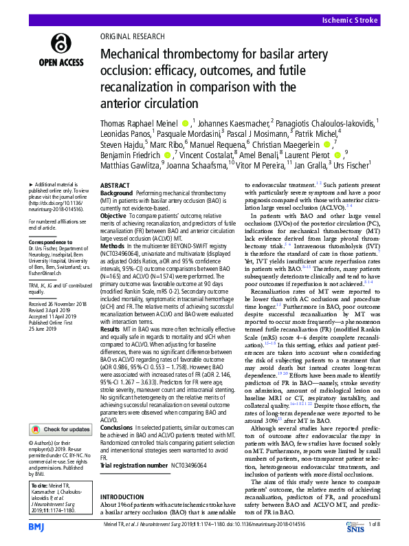 (PDF) Mechanical thrombectomy for basilar artery occlusion: efficacy ...