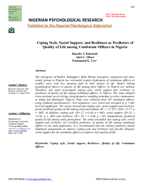 (PDF) Coping style, Social Support and Resilience as Predictors of ...