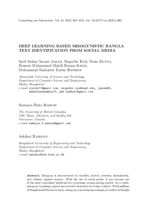 (PDF) Deep Learning Based Misogynistic Bangla Text Identification from Social Media