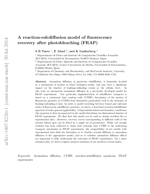 (PDF) A reaction–subdiffusion model of fluorescence recovery after ...