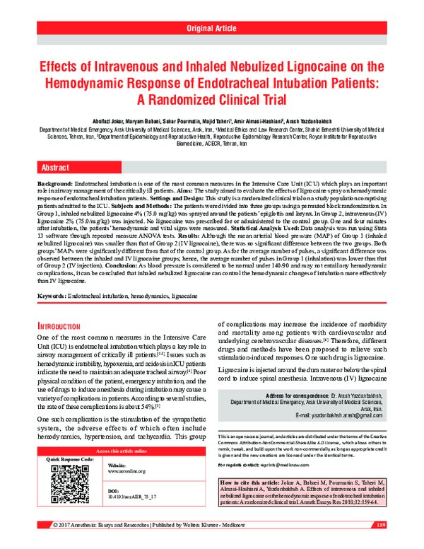 (PDF) Effects of intravenous and inhaled nebulized lignocaine on the ...
