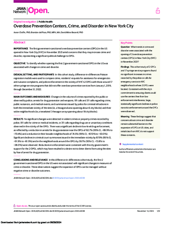 (PDF) Overdose Prevention Centers, Crime, and Disorder in New York City