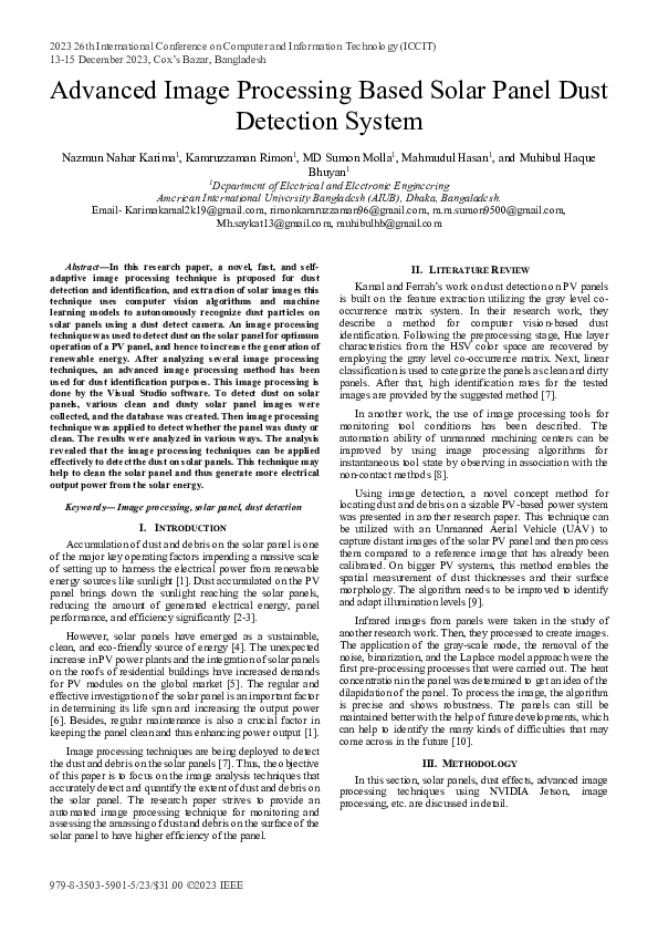 Pdf Advanced Image Processing Based Solar Panel Dust Detection System