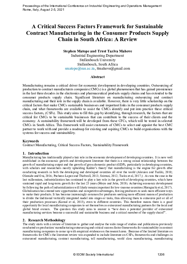 (PDF) A Critical Success Factors Framework for Sustainable Contract Manufacturing in the ...