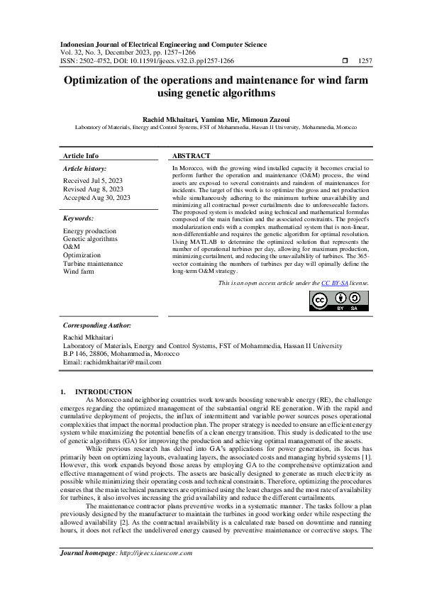 (PDF) Optimization of the operations and maintenancefor wind farm using genetic algorithms