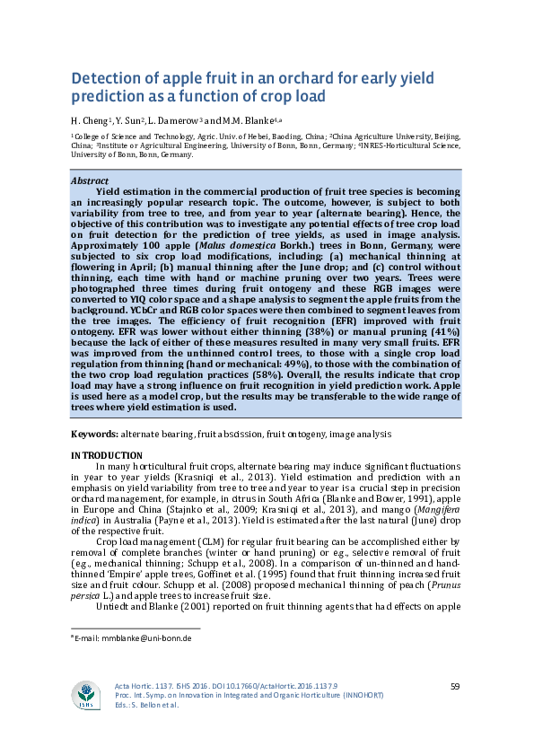 (PDF) Detection of apple fruit in an orchard for early yield prediction as a function of crop load