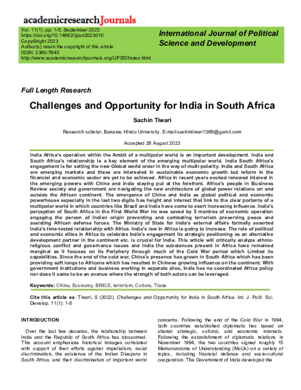 (PDF) Challenges and opportunities for India in south africa
