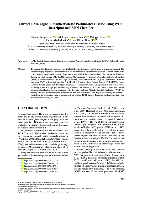 (PDF) Surface EMG signal classification for Parkinson’s disease using WCC descriptors and ANN ...