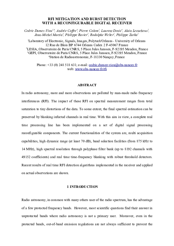(PDF) RFI Mitigation and burst detection with a reconfigurable digital receiver