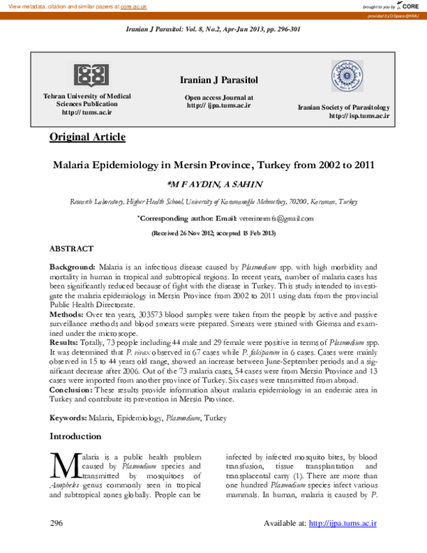 (PDF) Malaria epidemiology in mersin province, Turkey from 2002 to 2011