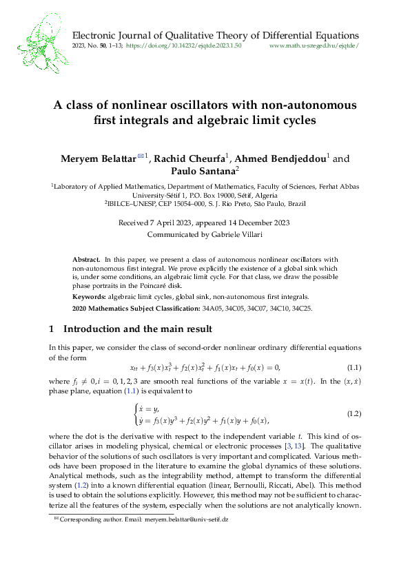 Pdf A Class Of Nonlinear Oscillators With Non Autonomous First