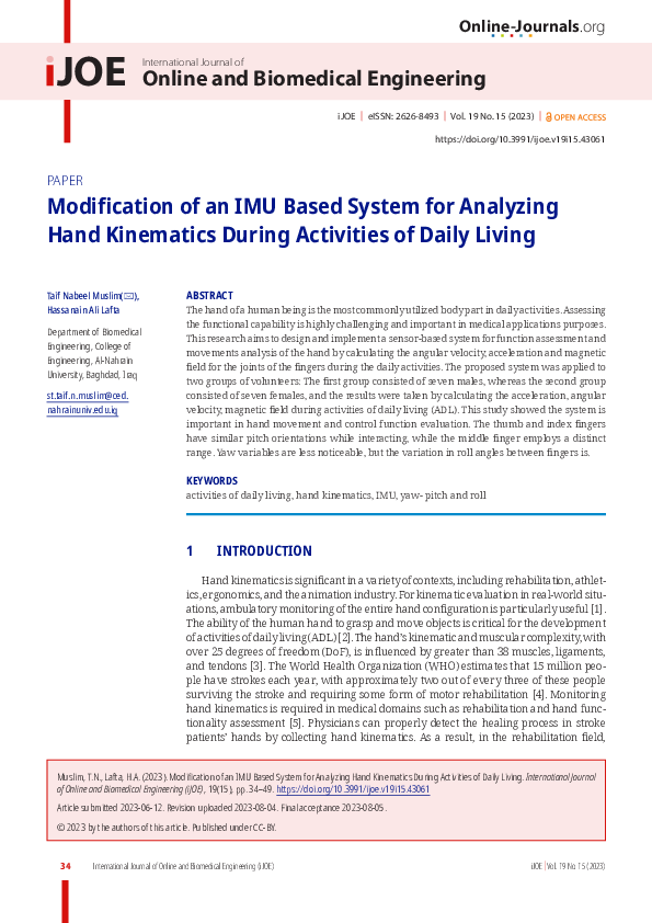 Pdf Modification Of An Imu Based System For Analyzing Hand Kinematics During Activities Of