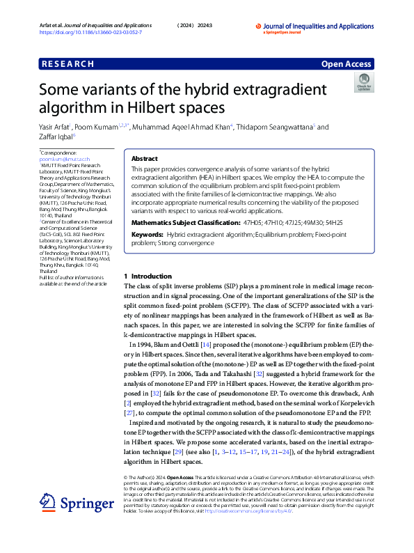 Pdf Some Variants Of The Hybrid Extragradient Algorithm In Hilbert Spaces Yasir Arfat