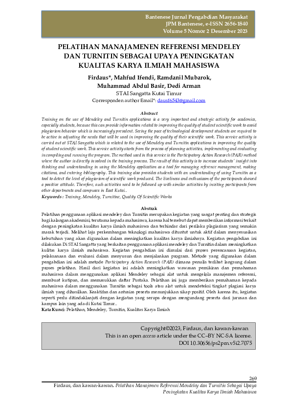 (PDF) Pelatihan Manajemen Referensi Mendeley dan Turnitin Sebagai Upaya Peningkatan Kualitas ...