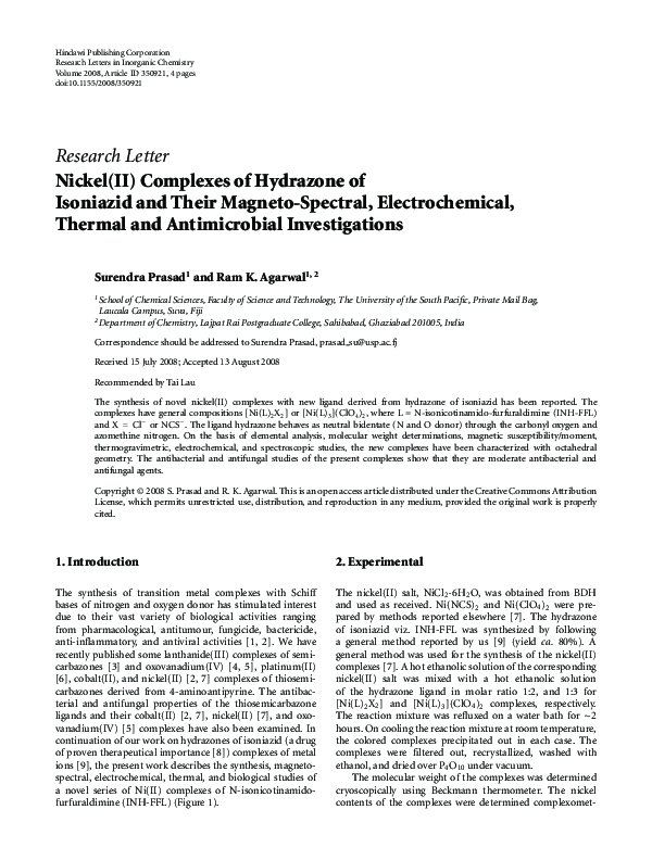 (PDF) Nickel(II) Complexes of Hydrazone of Isoniazid and Their Magneto-Spectral, Electrochemical ...