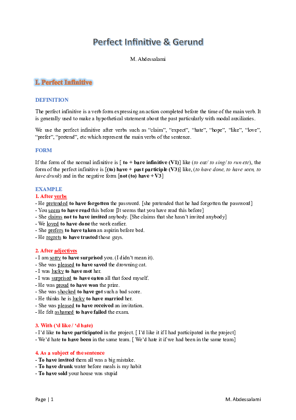 (PDF) Perfect Infinitive & Gerund