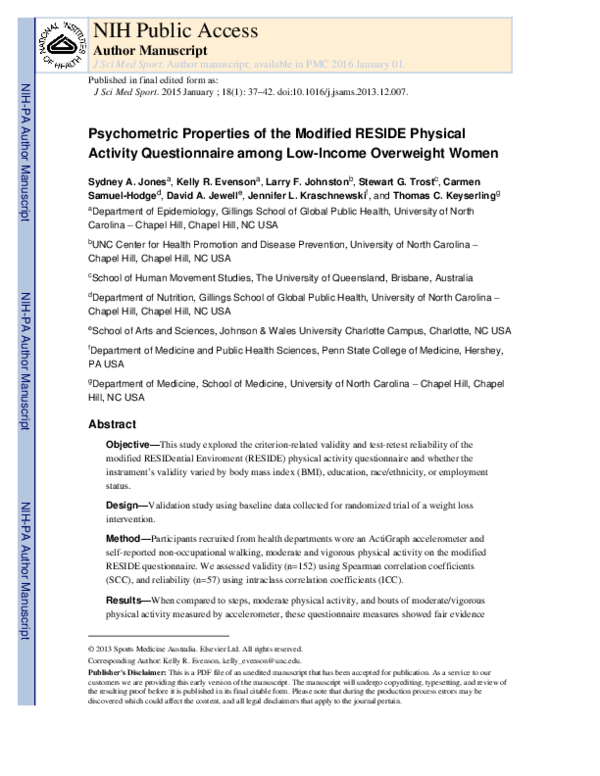 (PDF) Psychometric properties of the modified RESIDE physical activity ...