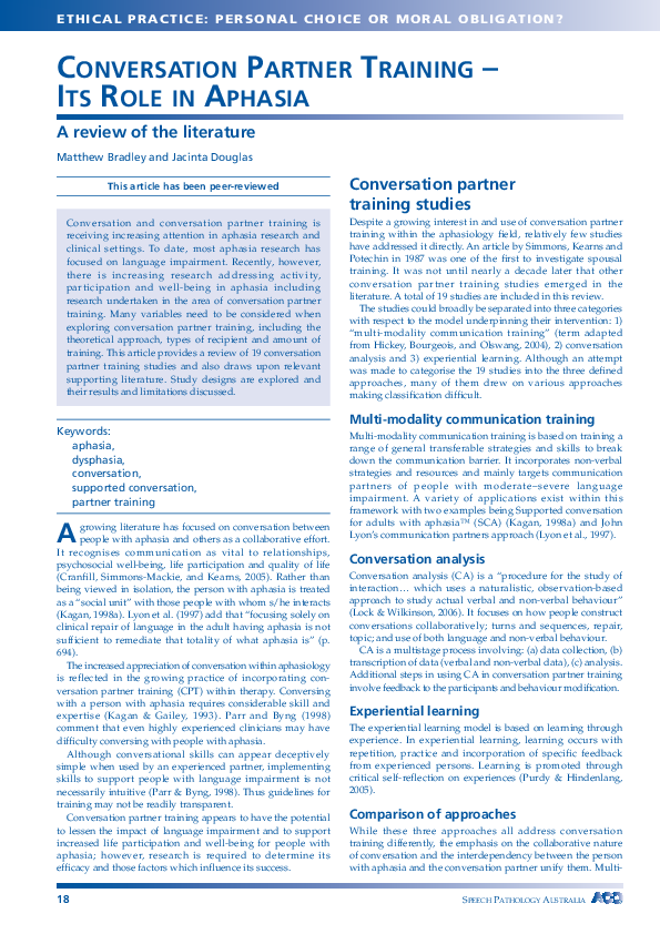 (PDF) Conversation partner training - its role in aphasia | Jacinta ...