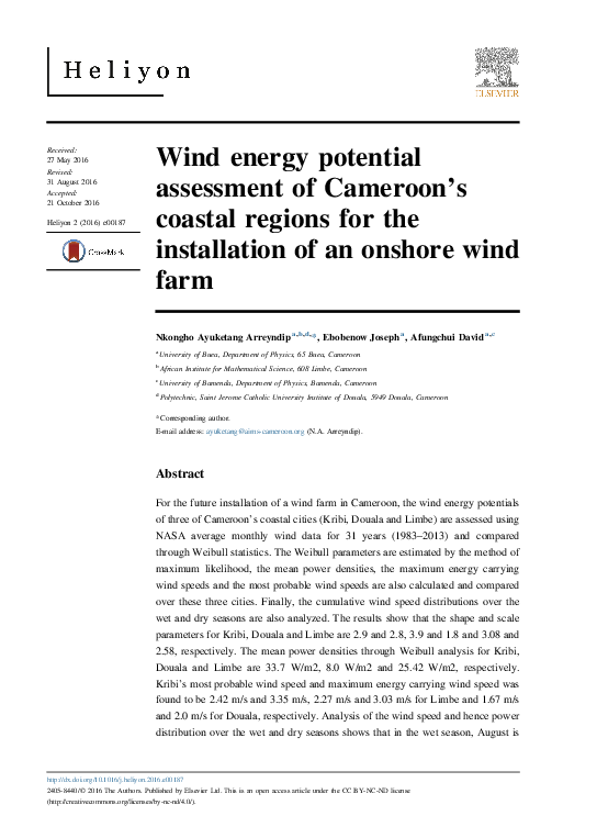 (PDF) Wind energy potential assessment of Cameroon’s coastal regions for the installation of an ...