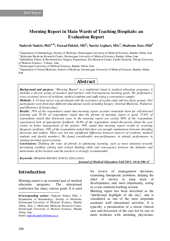 (PDF) Morning Report in Main Wards of Teaching Hospitals: an Evaluation ...
