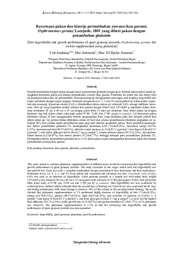 (PDF) Diet digestibility and growth performance of giant gouramy juvenile, Osphronemus goramy ...