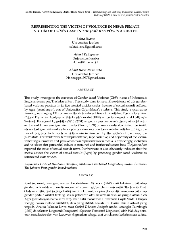 (PDF) Representing Victim of Violence in News: Female Victim of Ugm’s ...