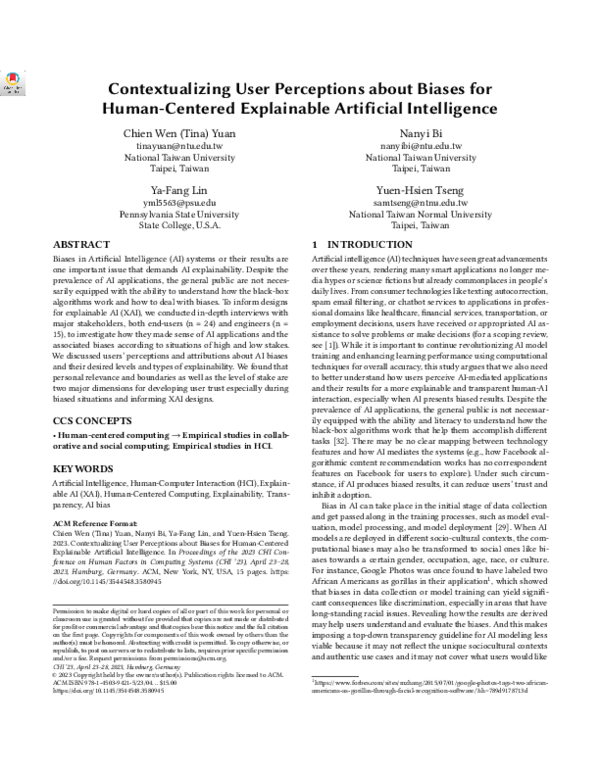 (PDF) Contextualizing User Perceptions about Biases for Human-Centered Explainable Artificial ...