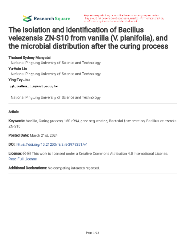 (PDF) The isolation and identification of Bacillus velezensis ZN-S10 from vanilla (V. planifolia ...