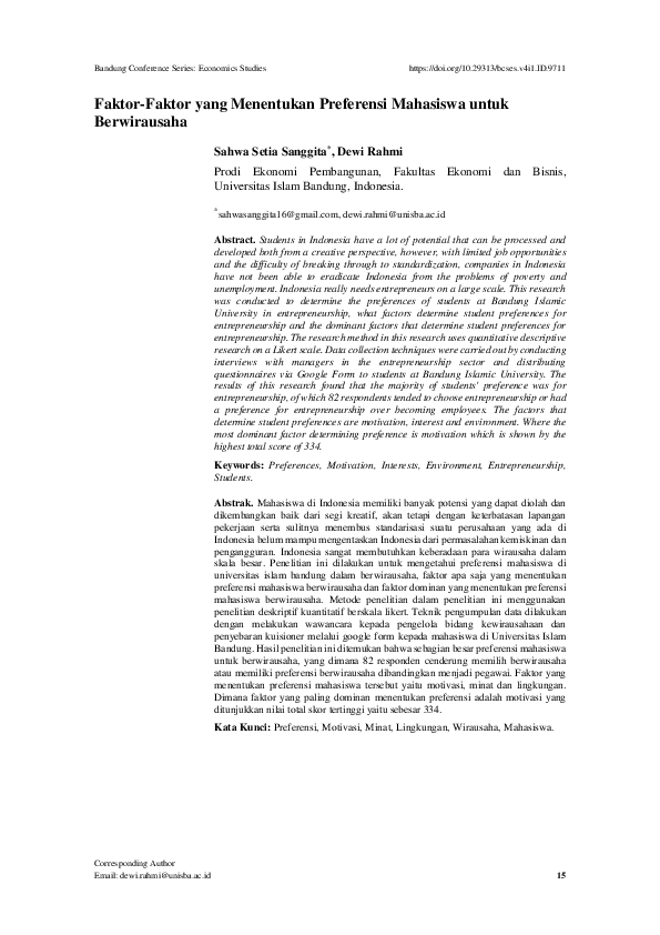 (PDF) Faktor-Faktor yang Menentukan Preferensi Mahasiswa untuk Berwirausaha