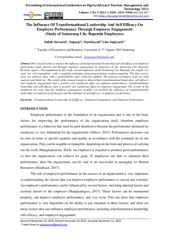 (PDF) The Influence Of Transformational Leadership And Self Efficacy On Employee Performance ...