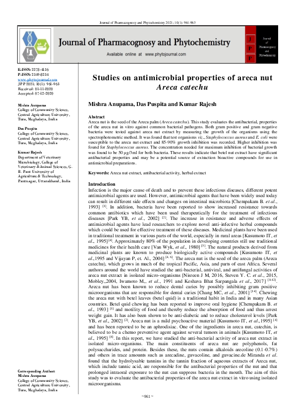 (PDF) Studies on antimicrobial properties of areca nut Areca catechu