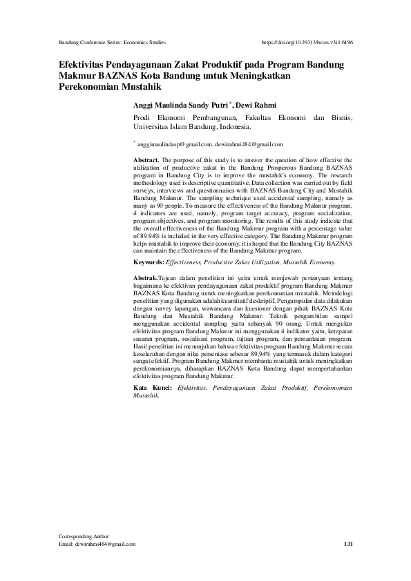 (PDF) Efektivitas Pendayagunaan Zakat Produktif pada Program Bandung Makmur BAZNAS Kota Bandung ...
