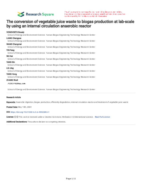 (PDF) The conversion of vegetable juice waste to biogas production at ...