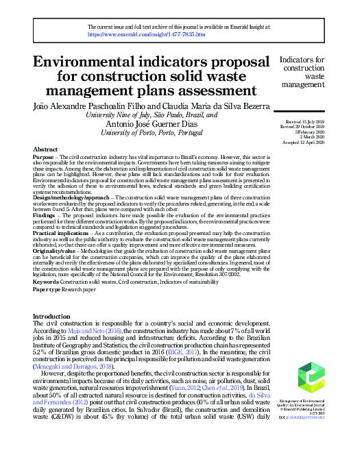 (PDF) Environmental indicators proposal for construction solid waste management plans assessment