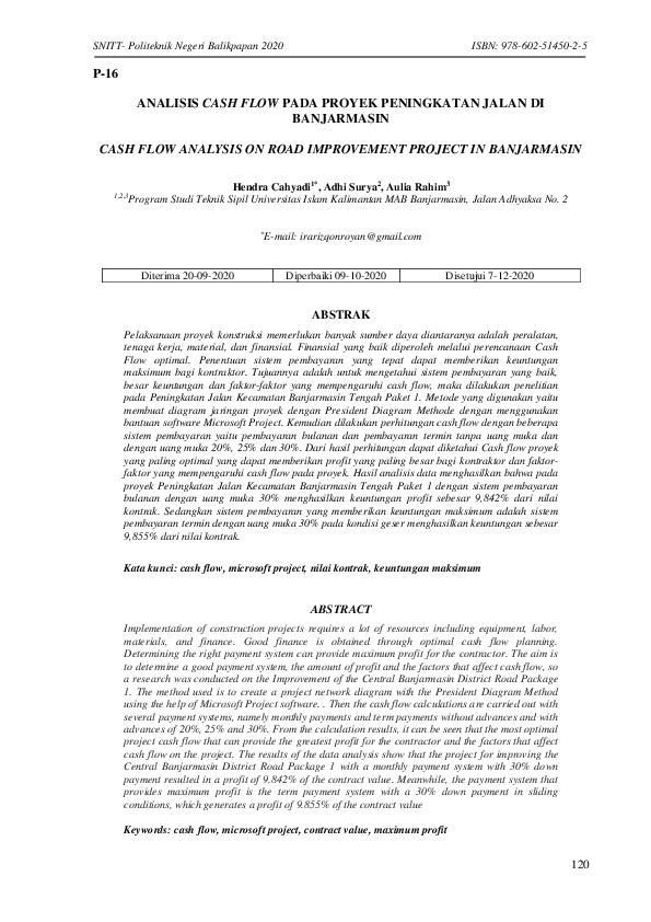 (PDF) Analisis Cash Flow Pada Proyek Peningkatan Jalan DI Banjarmasin