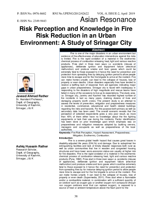 (PDF) Risk Perception and Knowledge in Fire Risk Reduction in an Urban Environment: A Study of ...