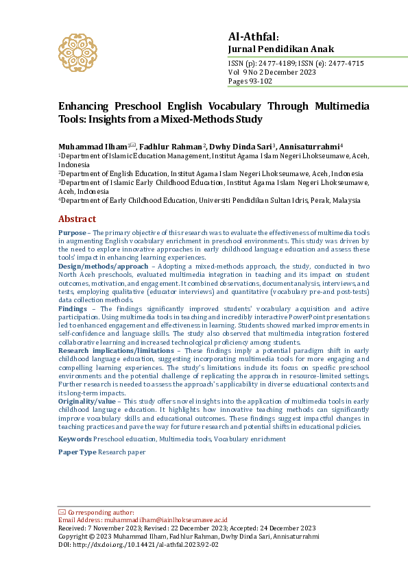 (PDF) Enhancing Preschool English Vocabulary Through Multimedia Tools: Insights from a Mixed ...