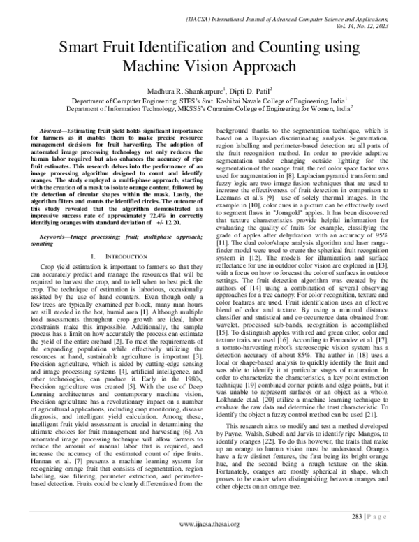 (PDF) Smart Fruit Identification and Counting using Machine Vision Approach