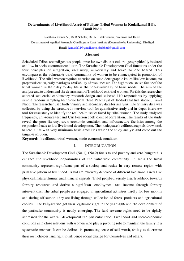 (PDF) Determinants of Livelihood Assets of Paliyar Tribal Women in ...