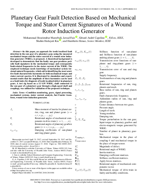 (PDF) Planetary Gear Fault Detection Based on Mechanical Torque and Stator Current Signatures of ...