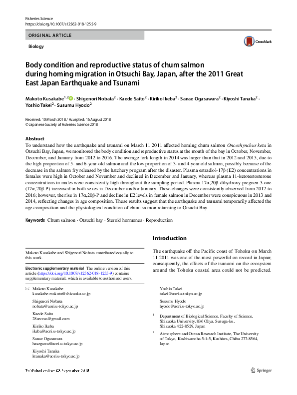 (PDF) Body condition and reproductive status of chum salmon during homing migration in Otsuchi ...
