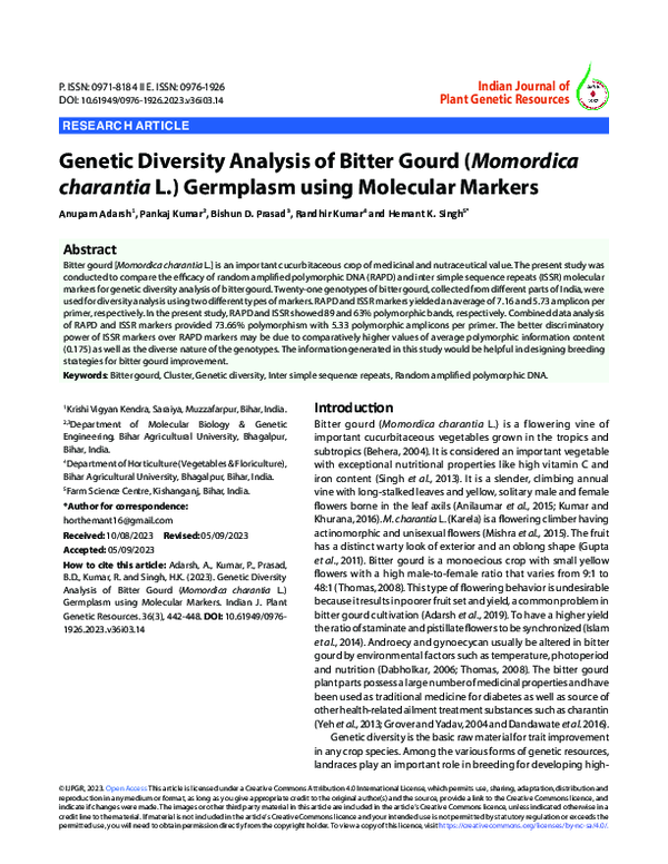 (PDF) Genetic Diversity Analysis of Bitter Gourd (Momordica charantia L.) Germplasm using ...