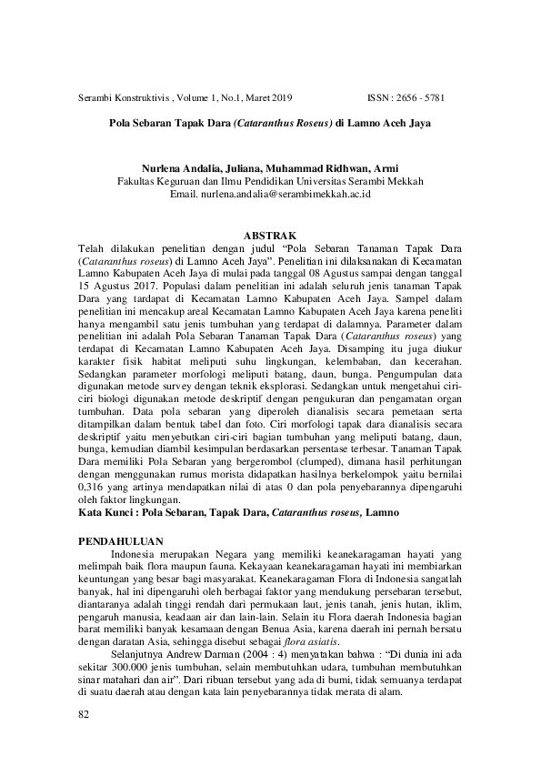 (PDF) Pola Sebaran Tapak Dara (Cataranthus Roseus) di Lamno Aceh Jaya