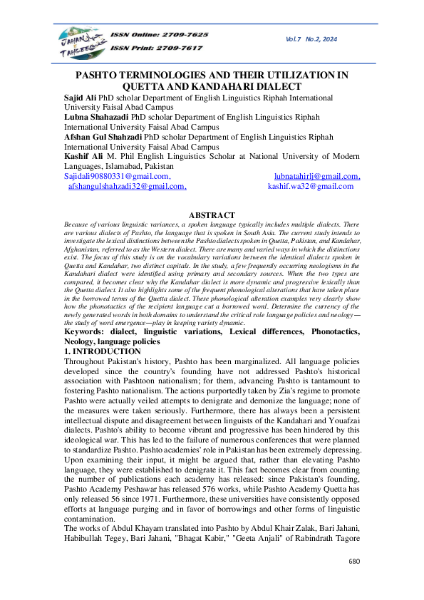 (PDF) PASHTO TERMINOLOGIES AND THEIR UTILIZATION IN QUETTA AND ...