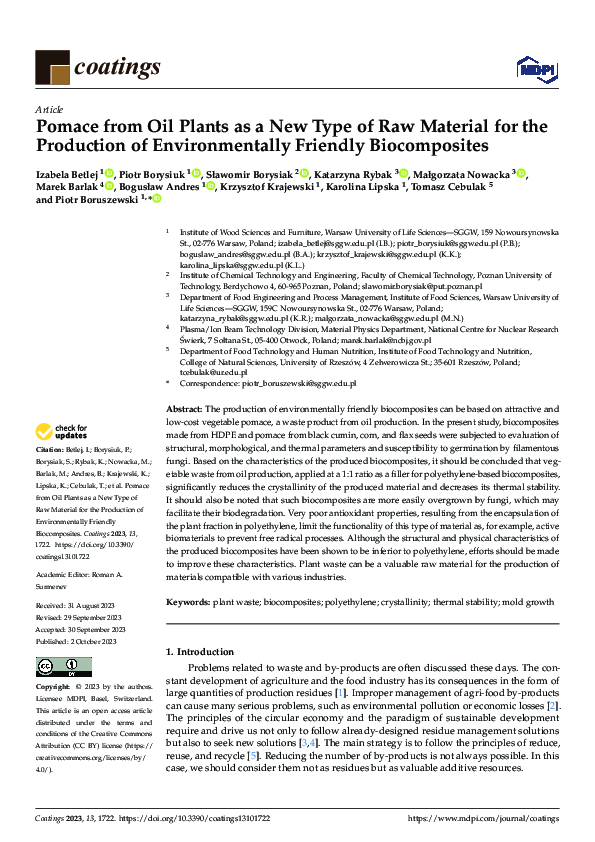 (PDF) Pomace from Oil Plants as a New Type of Raw Material for the ...