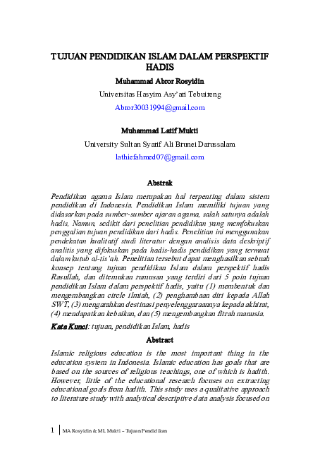 (PDF) Tujuan Pendidikan Islam Dalam Perspektif Hadis