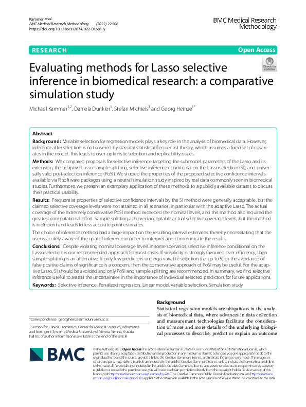 (PDF) Evaluating methods for Lasso selective inference in biomedical research: a comparative ...
