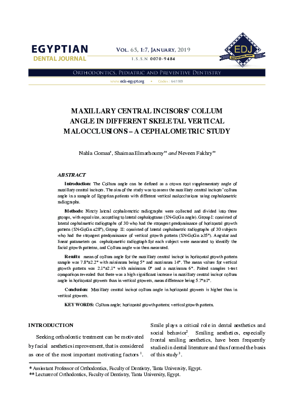 (PDF) Maxillary Central Incisors’ collum angle in different skeletal ...